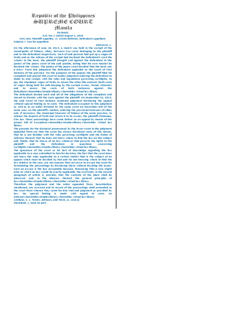 En Banc G.R. No. L-10010 August 1, 1916 CHU JAN, Plaintiff-Appellee, vs ...