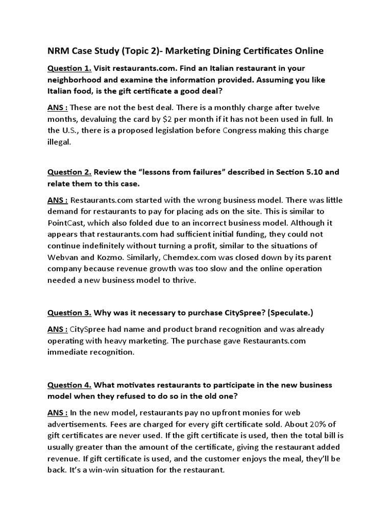 NRM Case Study 2 | PDF | Gift Card | Restaurants