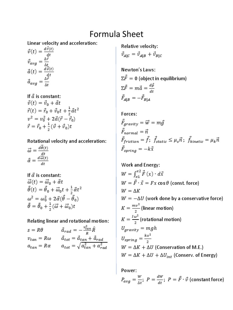 Physics 1 Formula Sheet | PDF | Rotation Around A Fixed Axis | Force