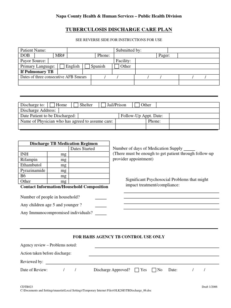 Guidelines for the Safe Discharge of Tuberculosis Patients from Napa ...