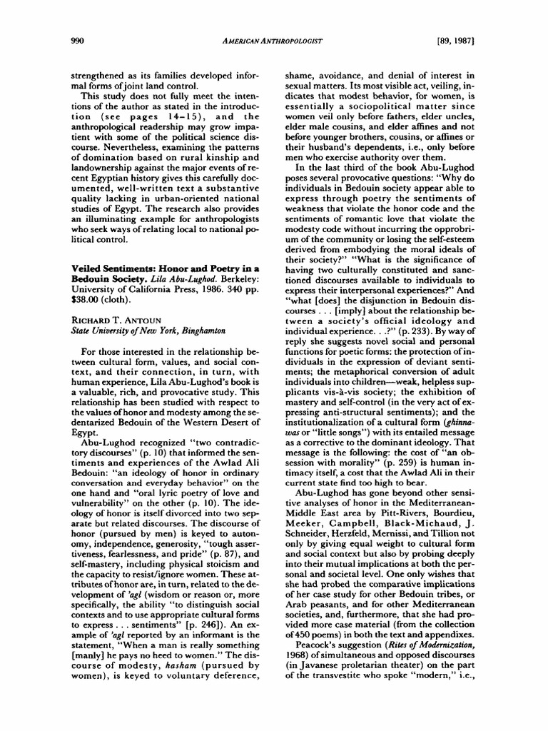 Veiled Sentiments Honor and Poetry in A PDF | PDF | Anthropology ...