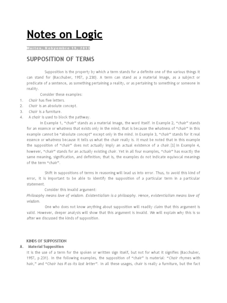 Notes On Logic: Supposition of Terms | PDF | Definition | Existence