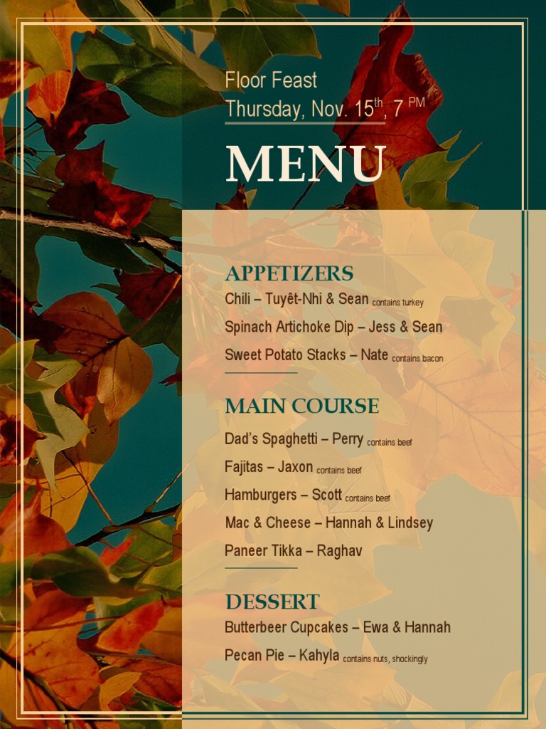 Floor Feast Menu for Nov. 15 Event | PDF | Cooking, Food & Wine