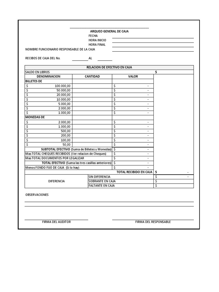 1.2 Formato de Arqueo de Caja Nuevo Acta de Arqueo | PDF | Moneda | Mercado de divisas