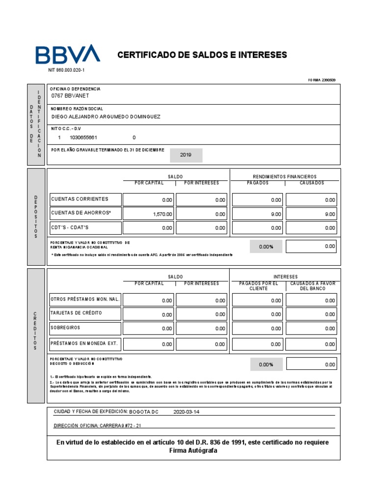 Certificado BBVA 2019 01 PDF | PDF | Bancos | Servicios financieros