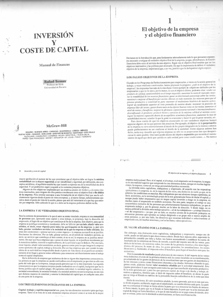 Inversión y Coste de Capital Cap I y II Rafael Termes PDF | PDF