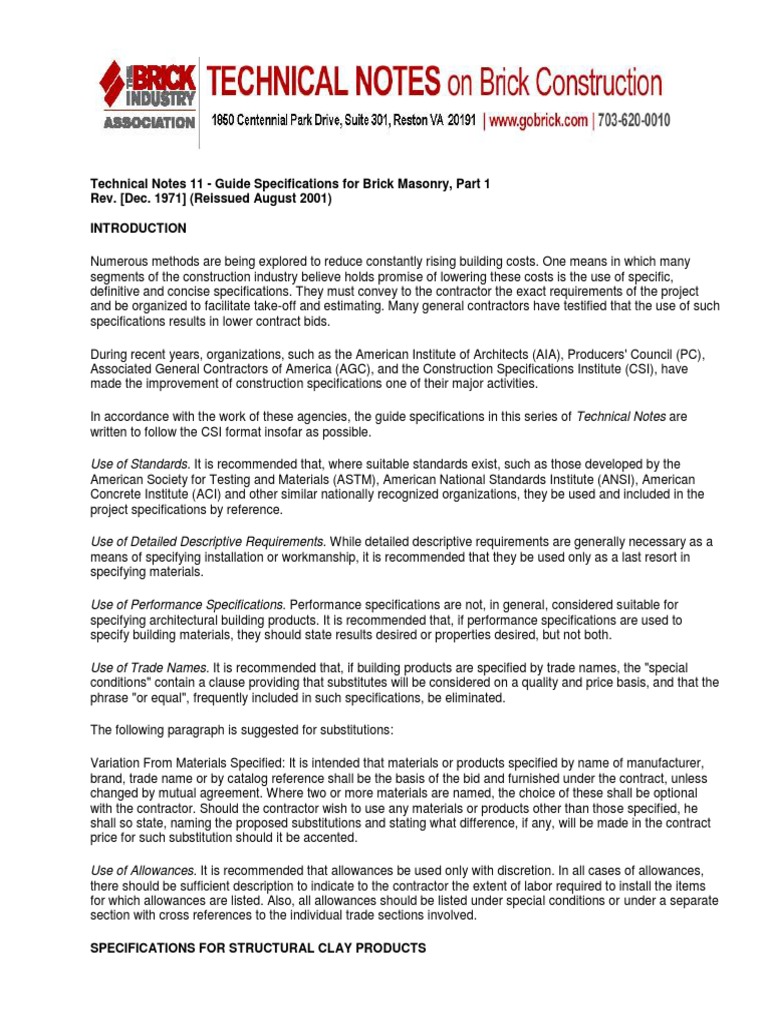 11 Guide Specifications For Brick Masonry Part 1 | PDF | Specification ...