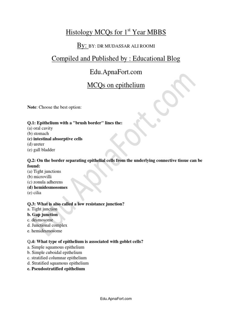 Complete Histology Mcqs 1st Year Mbbs PDF | PDF | Epithelium ...