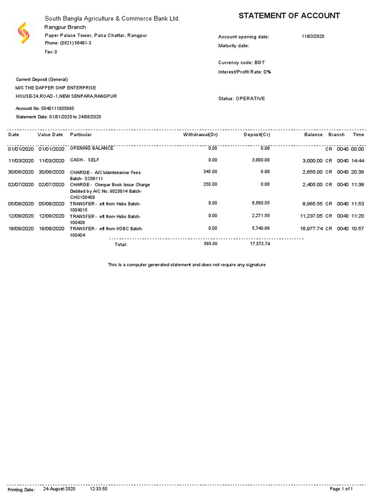 Statement of Account: South Bangla Agriculture & Commerce Bank LTD ...
