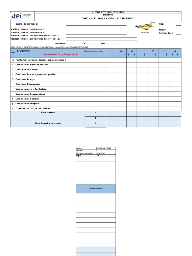 DPI-SSOMA-FOR 100 Check List Gata Hidrualica ENERPAC | PDF ...
