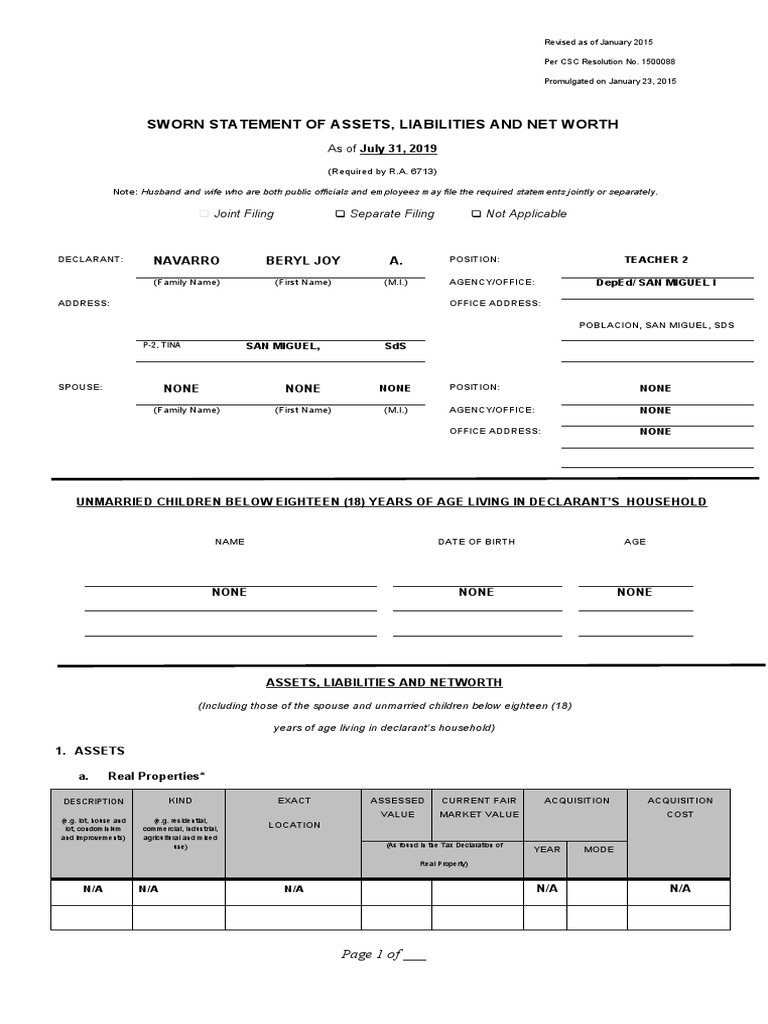 Sworn Statement of Assets, Liabilities and Net Worth: Joint Filing ...