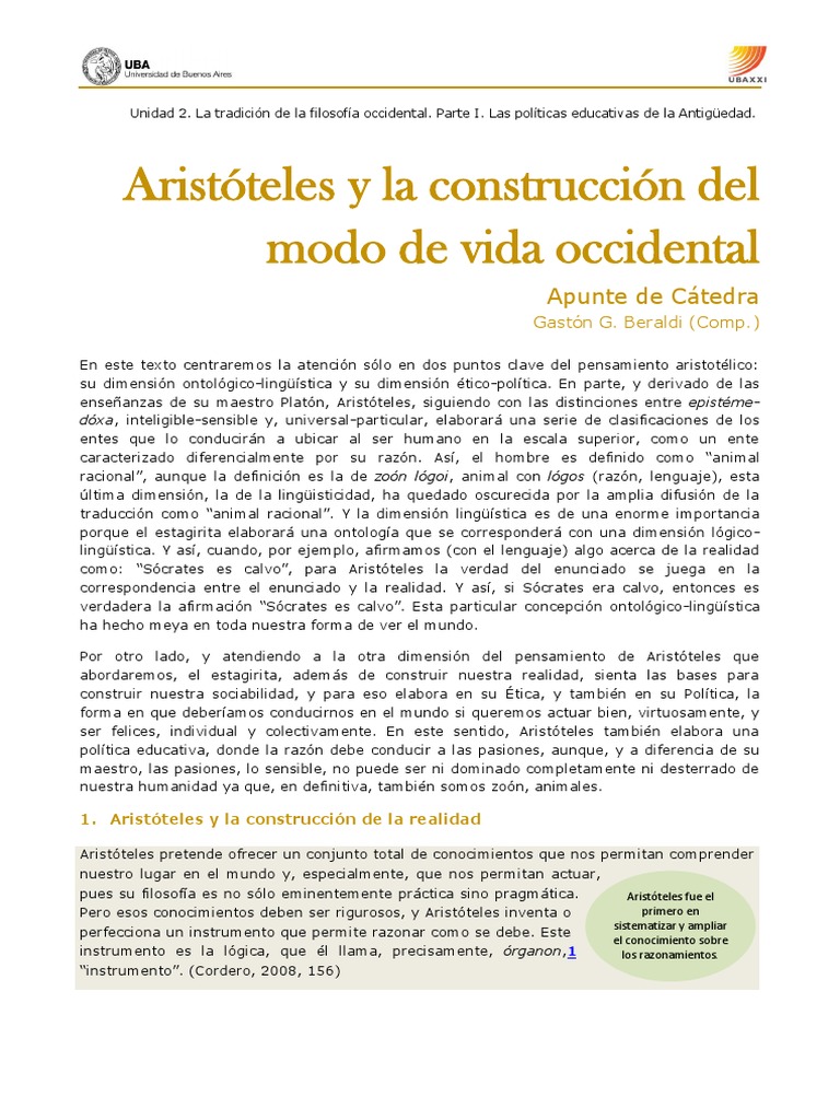 Unidad 2. Parte I. Aristóteles y la construcción del modo de vida ...