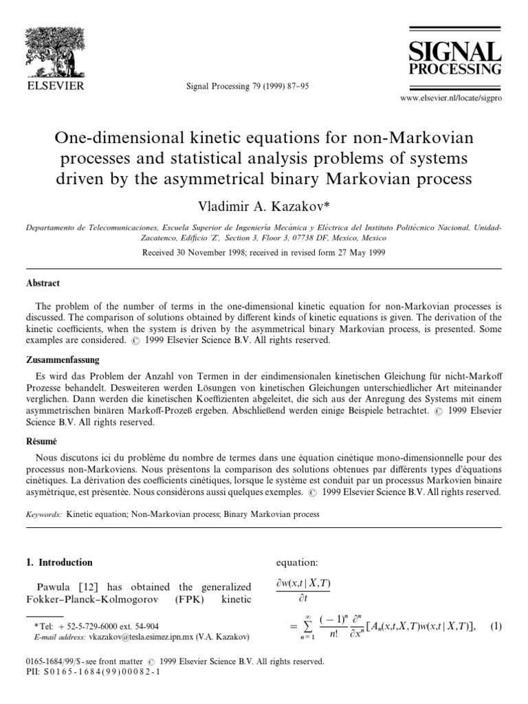 One-Dimensional Kinetic Equations For Non-Markovian Processes and Statistical Analysis Problems ...