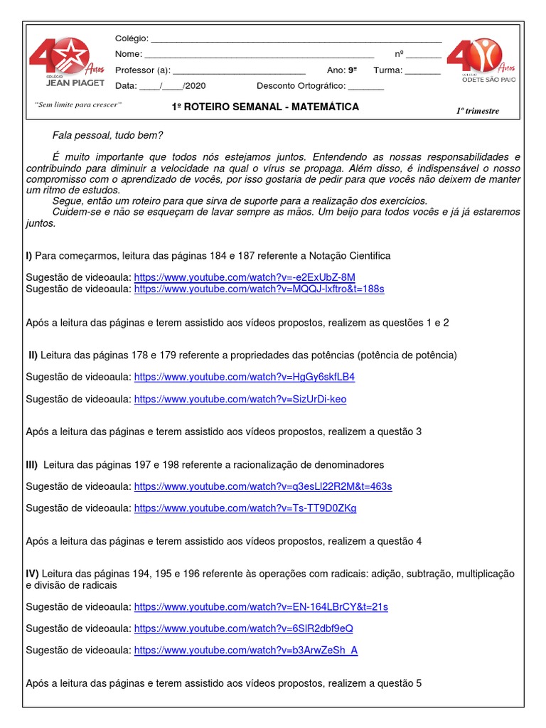 Material Complementar 9 Ano Matematica | PDF | Gripe | Ensino de Matemática