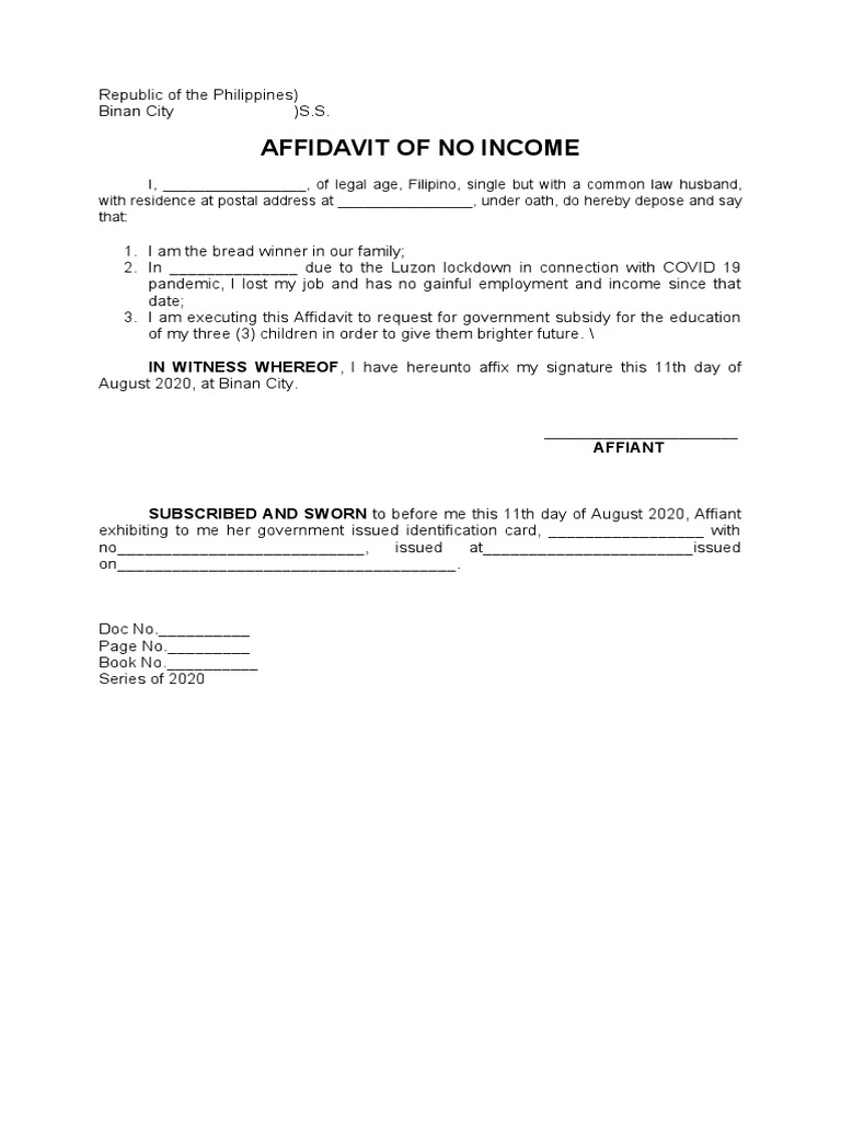 Affidavit of No Income - Sample | PDF