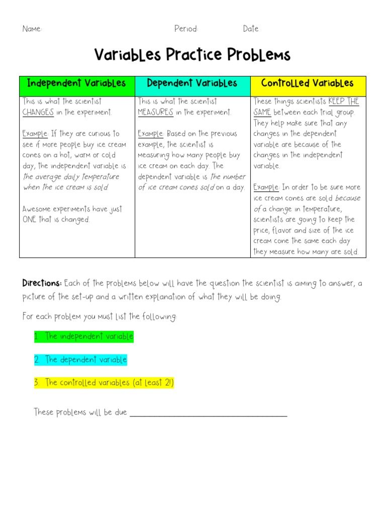 Variables Practice Problems: Independent Variables Dependent Variables ...