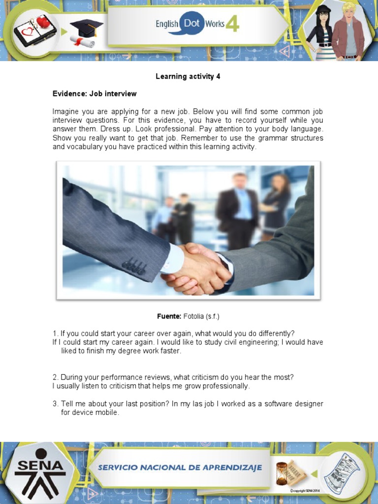 Learning Activity 4 Evidence: Job Interview: Fuente: Fotolia (S.F ...