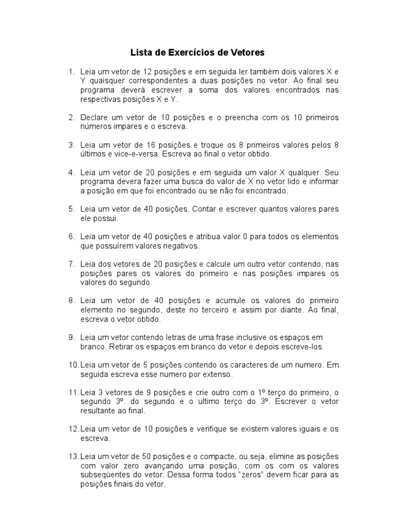 Lista De Exercícios De Computação Pdf Vetor Euclidiano Números