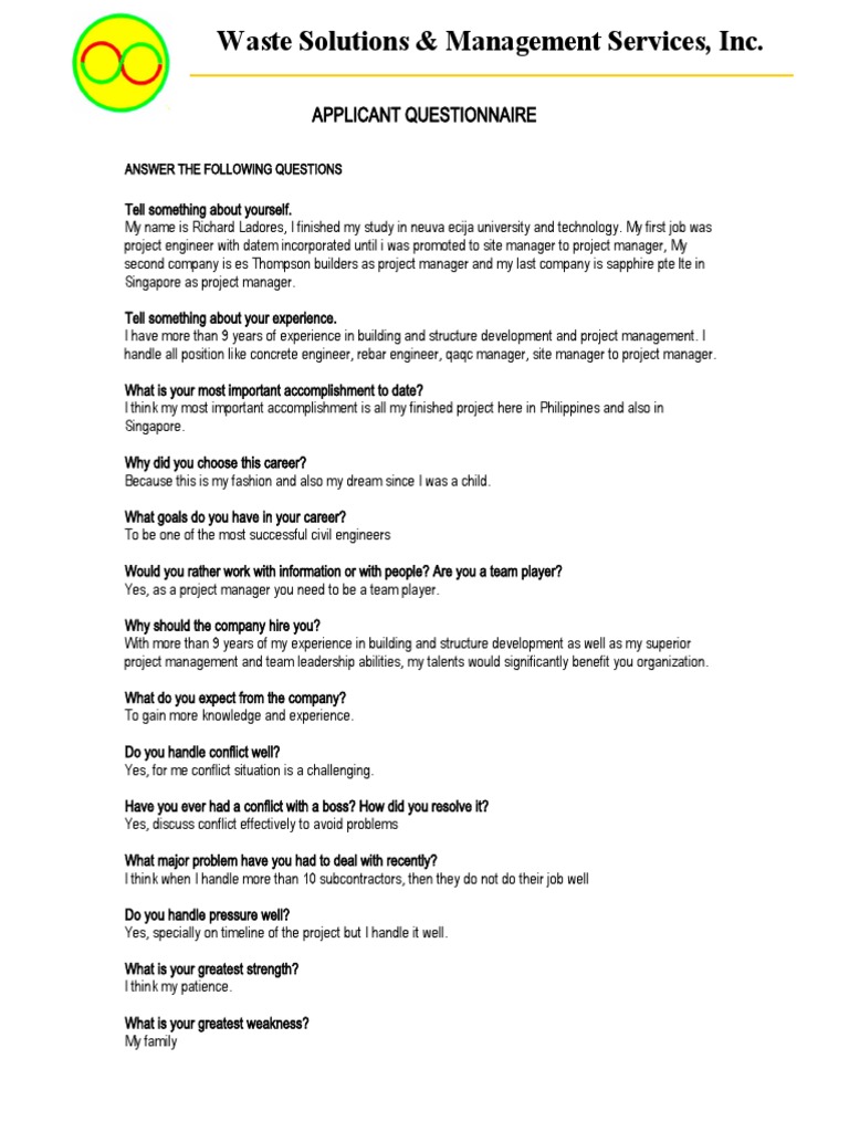 Applicant Questionnaire - English | PDF | Engineer | Economies