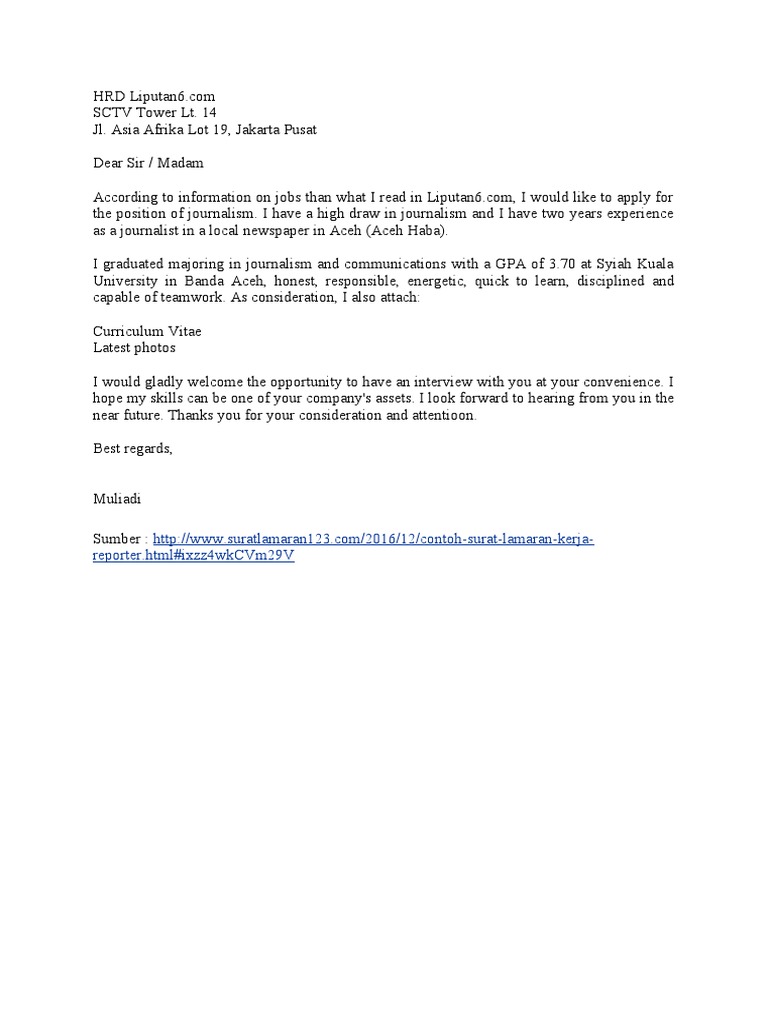 Application for Journalism Position | PDF | Career & Growth | Business
