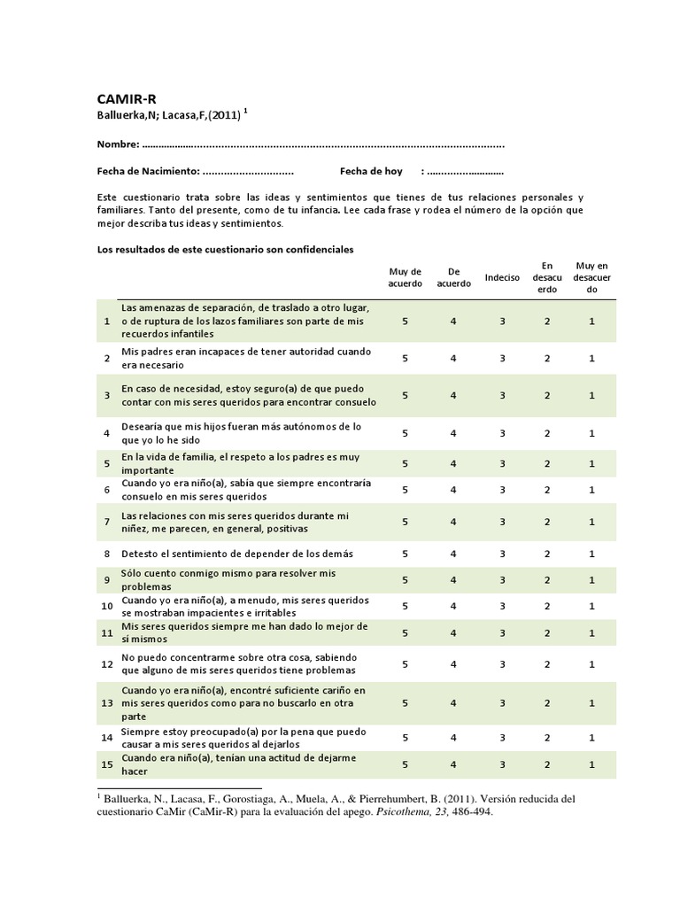 Cuestionario CAMIR-R: Evaluación del Apego | PDF | Ciencias del ...
