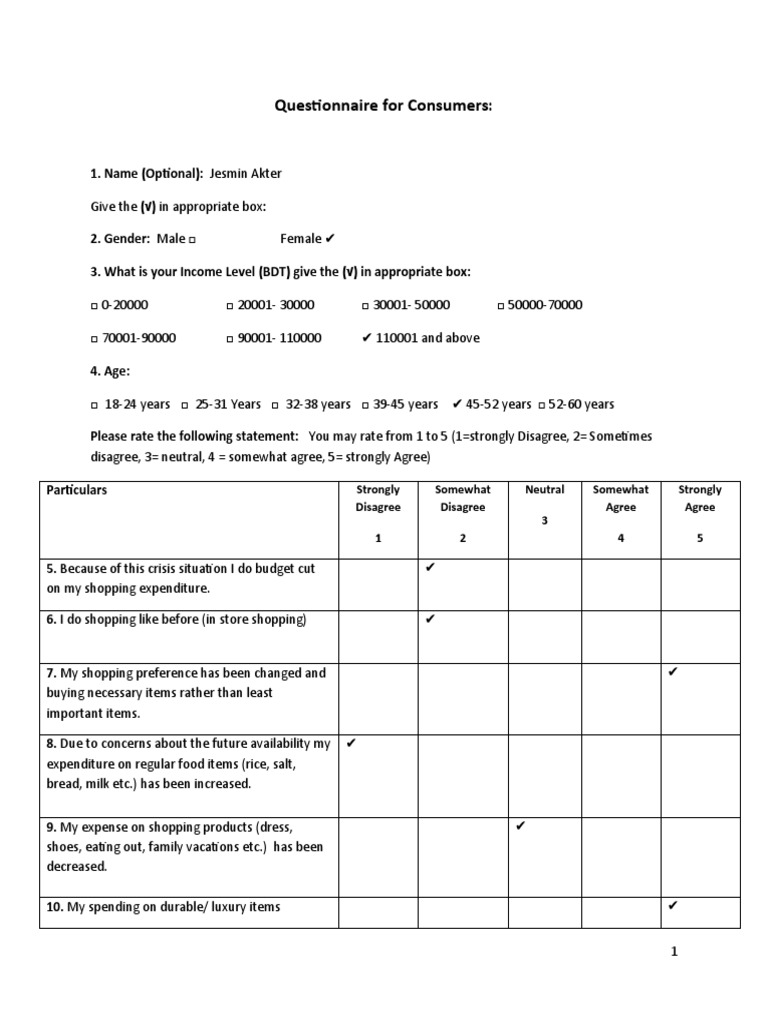Questionnaire For Consumers:: Strongly Disagree 1 Somewhat Disagree 2 ...