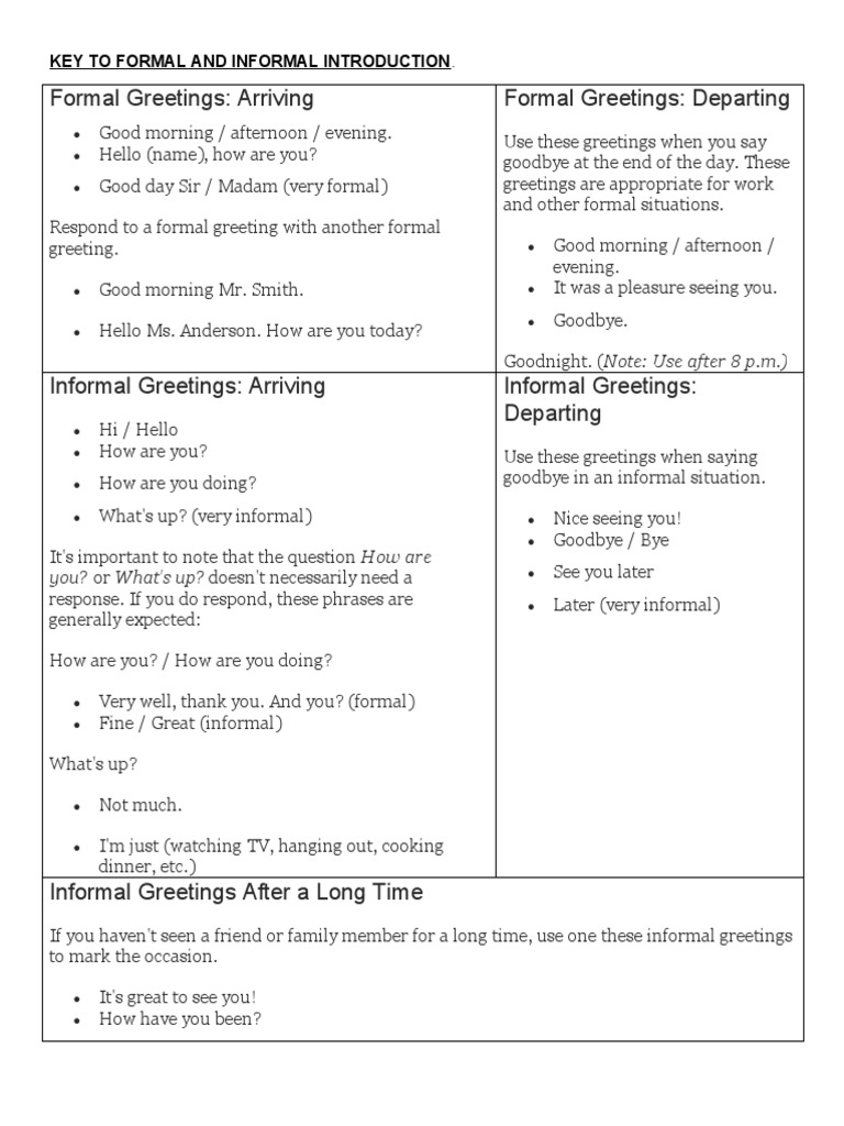 Key To Formal and Informal Introduction | PDF | Language Arts ...