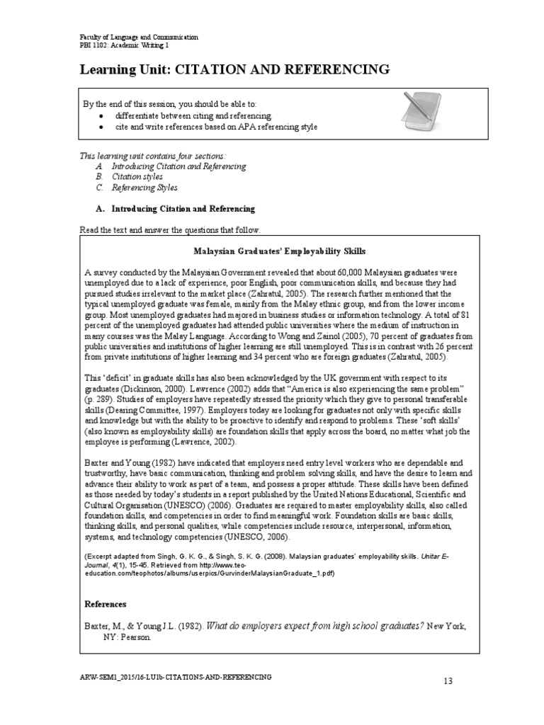 Unit Citation Referencing Student | PDF | Apa Style | Citation