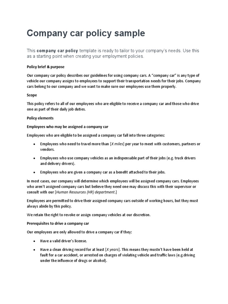 Company Car Policy Sample | PDF | Driver's License | Employment