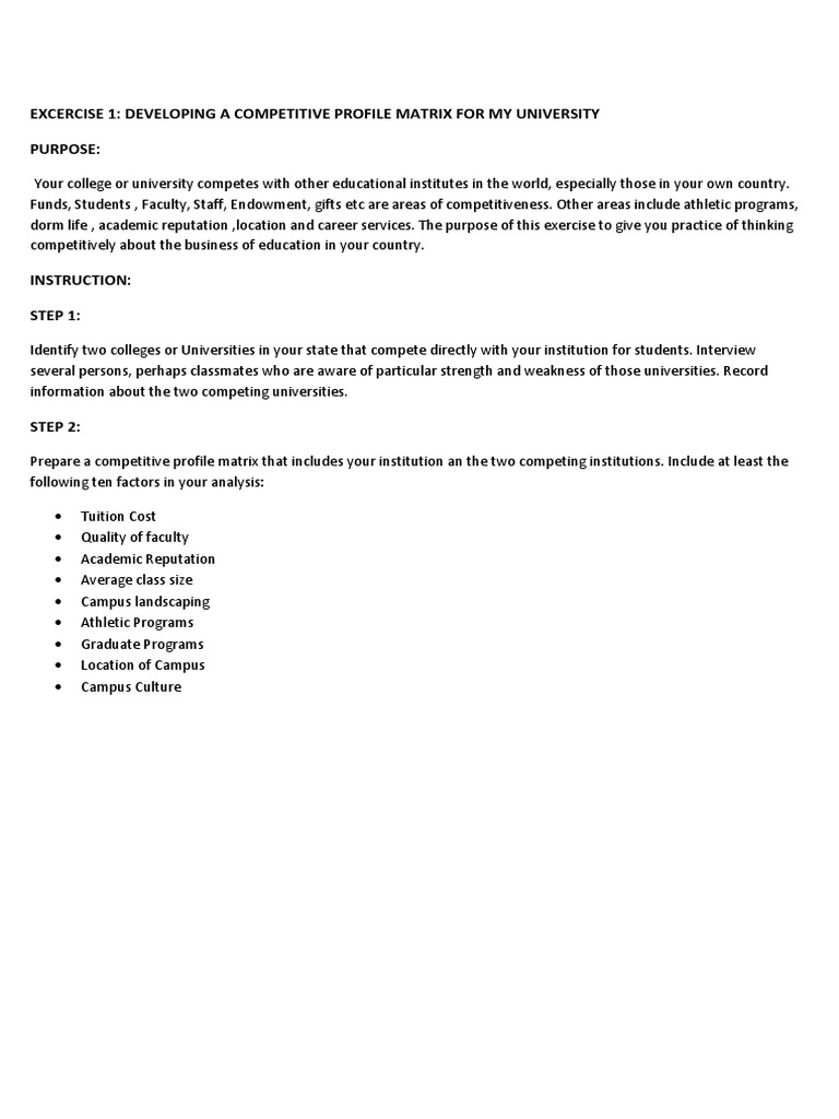 Excercise 1: Developing A Competitive Profile Matrix For My University ...