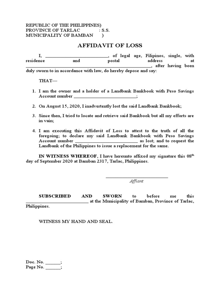 Affidavit of Loss: IN WITNESS WHEREOF, I Have Hereunto Affixed My ...