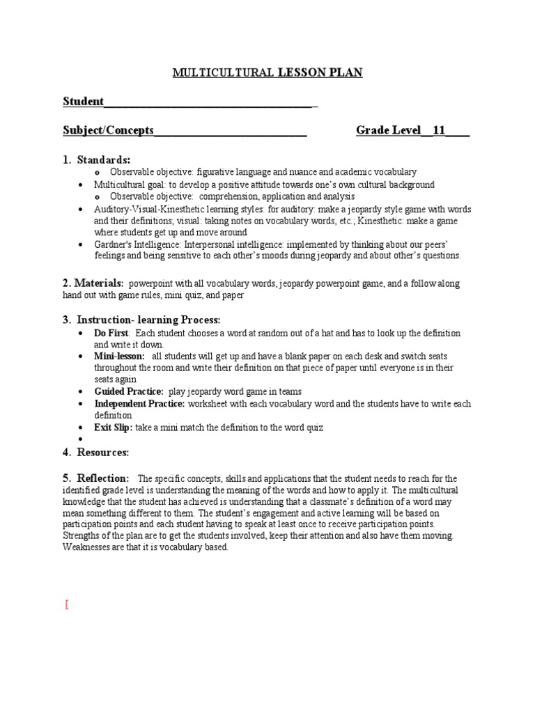 Lesson Plan Student - Subject/Concepts - Grade Level - 11 | PDF