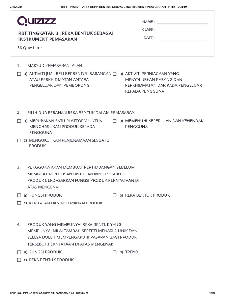 RBT TINGKATAN 3 - REKA BENTUK SEBAGAI INSTRUMENT PEMASARAN - Kuiz | PDF