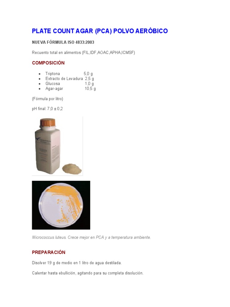 Ficha técnica del medio de cultivo Plate Count Agar (PCA) para el ...