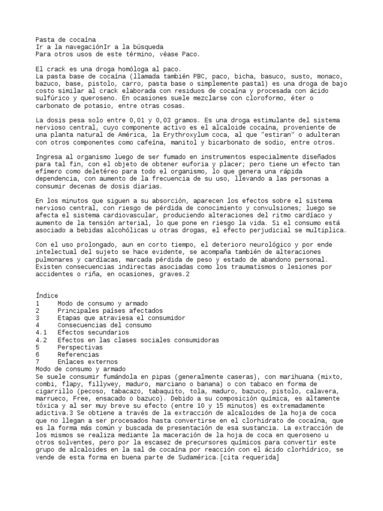 Pasta base de cocaína: efectos y consumo | PDF | Cocaína | Drogas ...