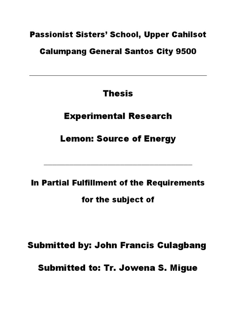 Thesis Experimental Research Lemon: Source of Energy | PDF | Electric ...
