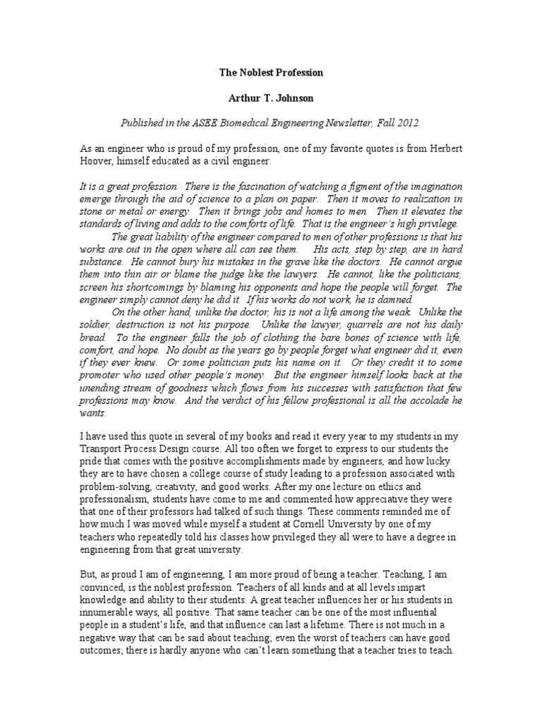 The Noblest Profession Arthur T. Johnson | Download Free PDF | Teachers ...