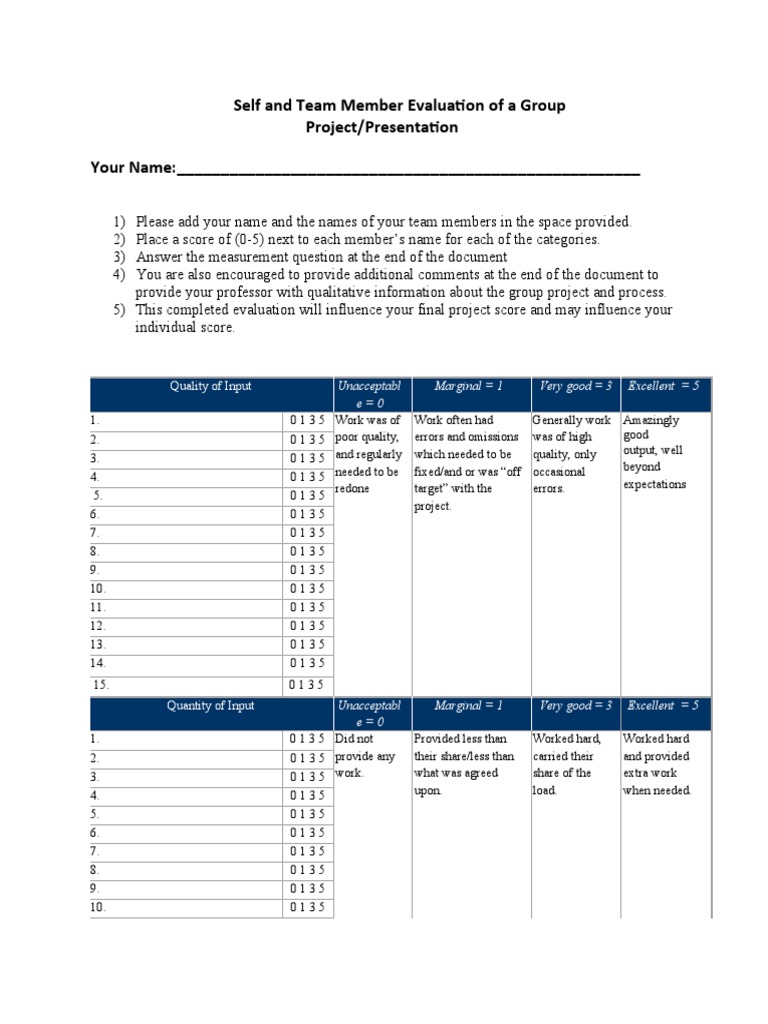 Self and Team Member Evaluation of A Group Project/Presentation Your ...