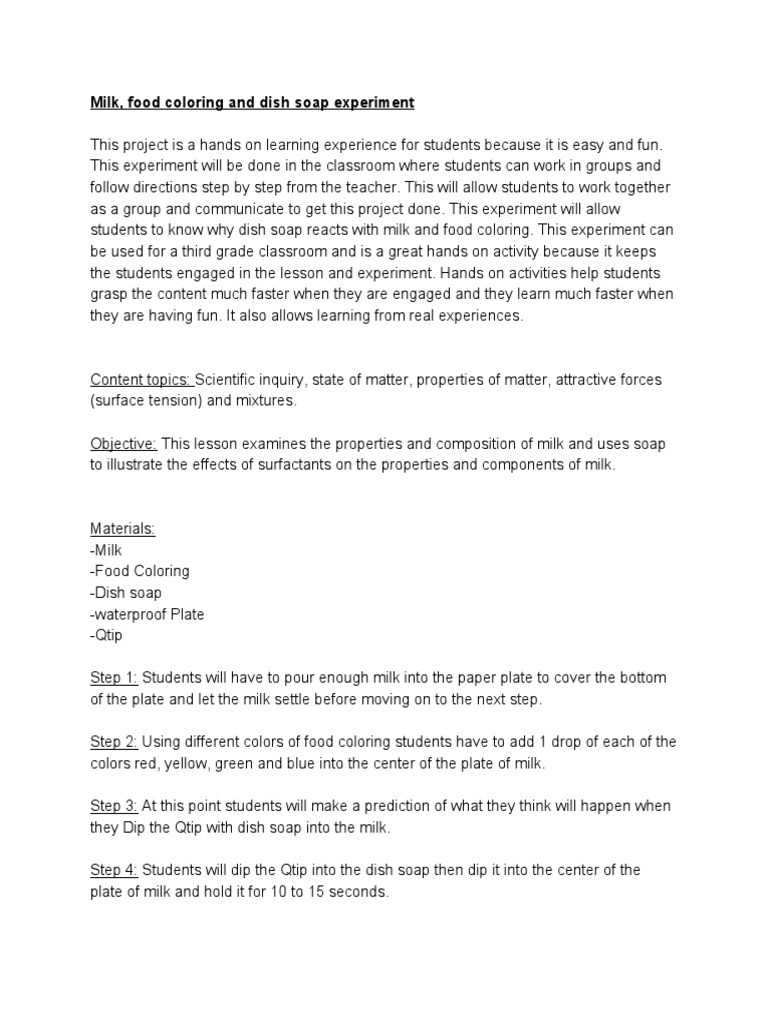 Milk Food Coloring and Dish Soap | PDF | Experiment | Classroom