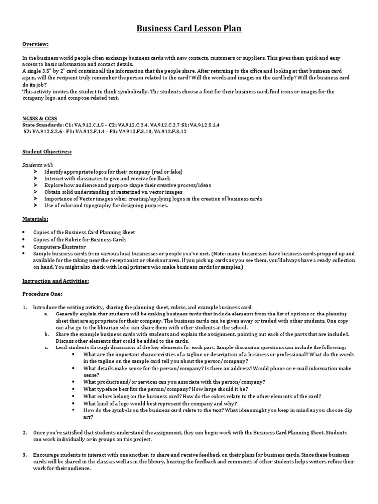 Business Card Lesson Plan | PDF | Page Layout | Communication