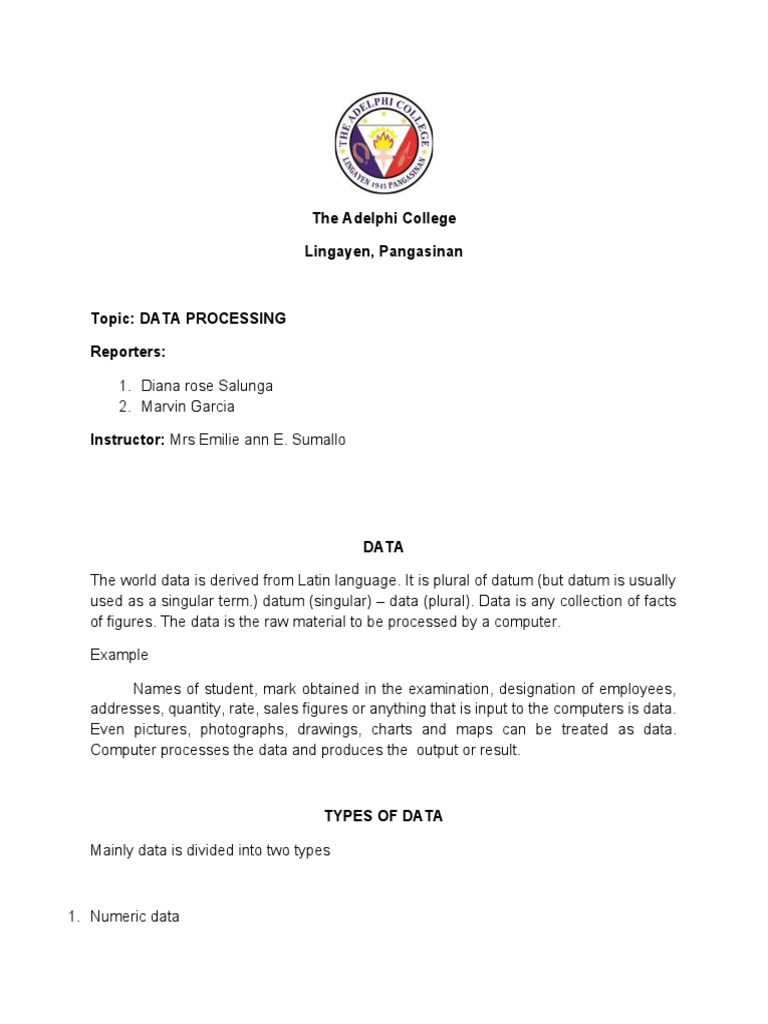 An Overview of Data Processing: Types of Data, the Data Processing ...