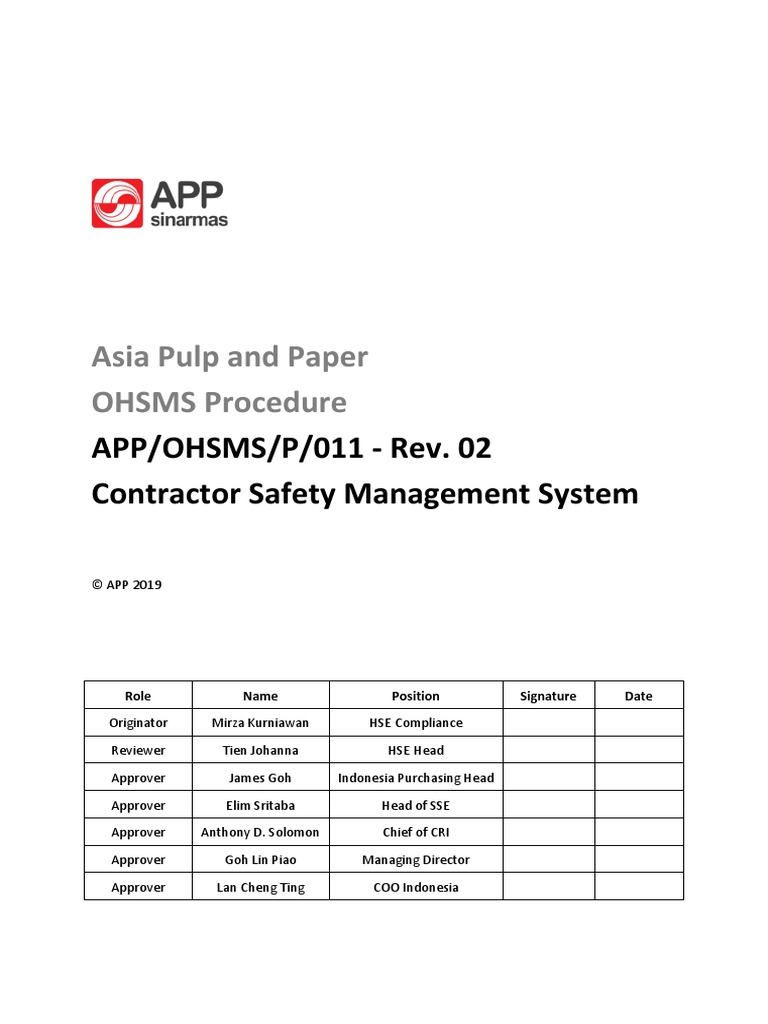 Asia Pulp and Paper OHSMS Procedure: APP/OHSMS/P/011 - Rev. 02 ...
