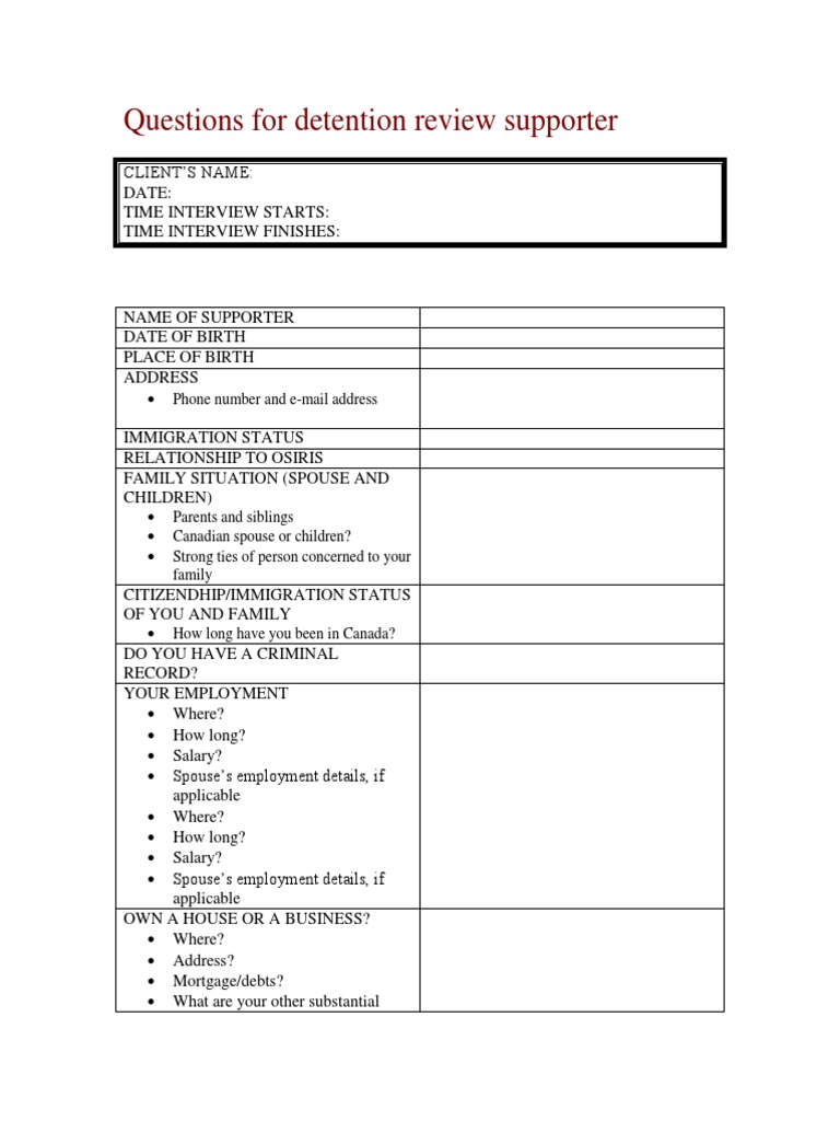 Detention Review Supporter Questionnaire | PDF