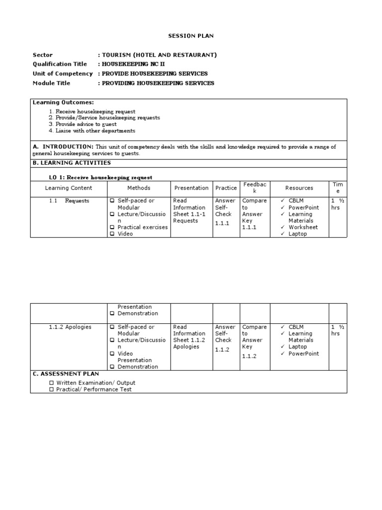 SESSION PLAN in Housekeeping | PDF | Lecture | Education Theory
