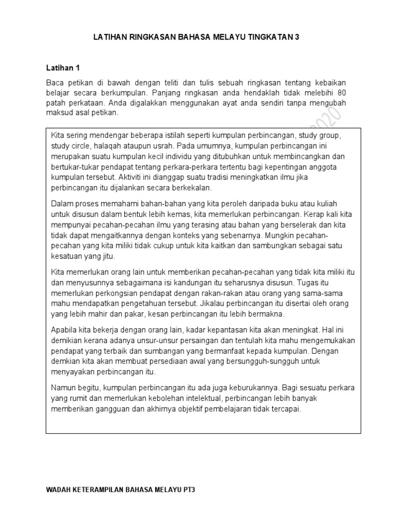 Latihan Ringkasan Bahasa Melayu PT3 | PDF