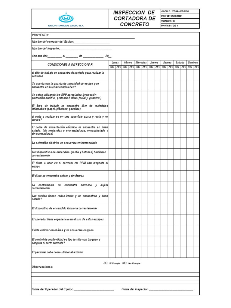 Inspeccion de Cortadora de Concreto | PDF