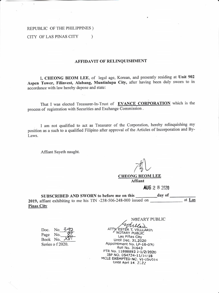 Affidavit relinquishing position as Treasurer of EVANCE CORPORATION | PDF