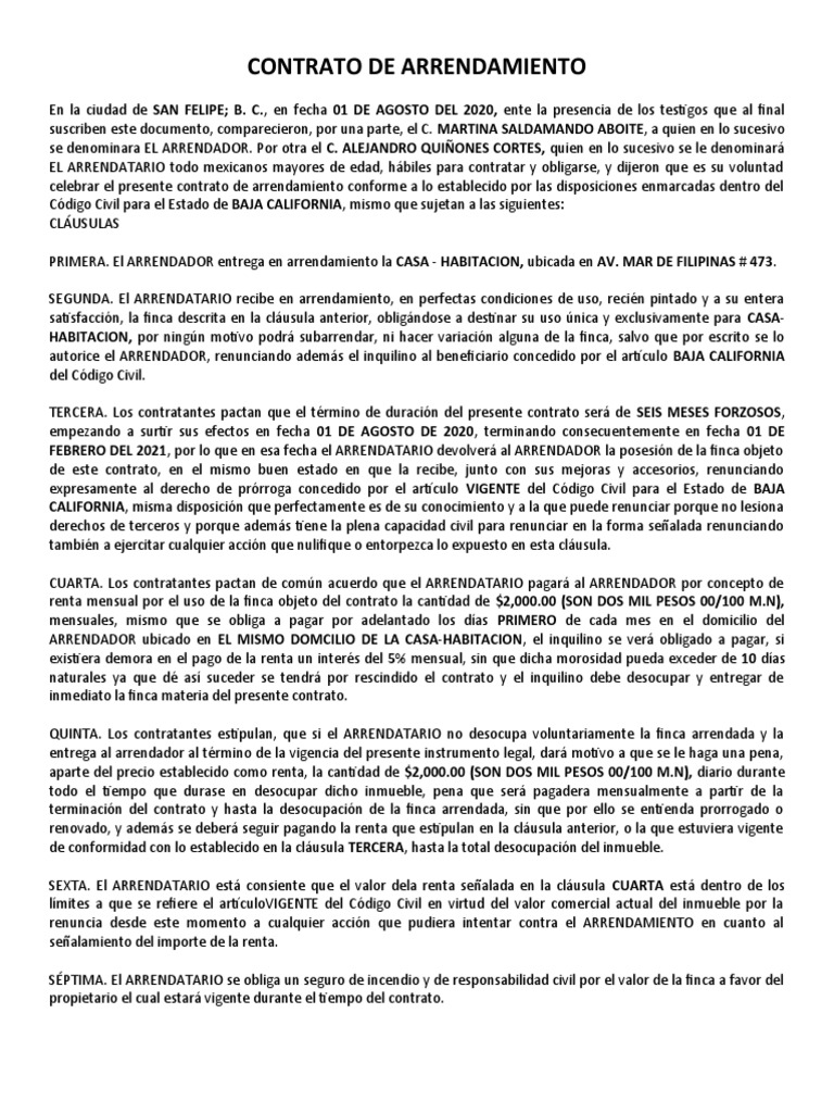 Ejemplo Contrato Renta | PDF | Alquiler | Impuestos