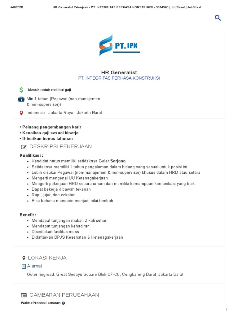 HR Generalist Pekerjaan - PT. INTEGRITAS PERKASA KONSTRUKSI - 3314590 ...