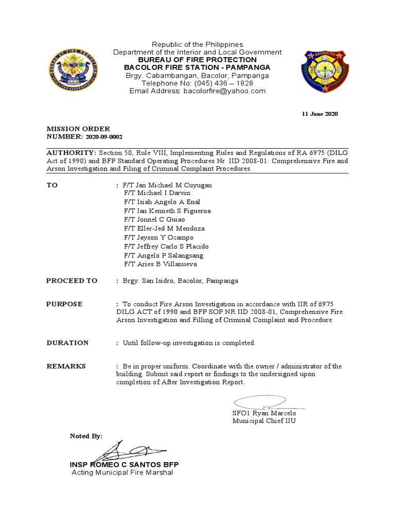 Bacolor Fire Station Mission Order | PDF | National Security | Law ...